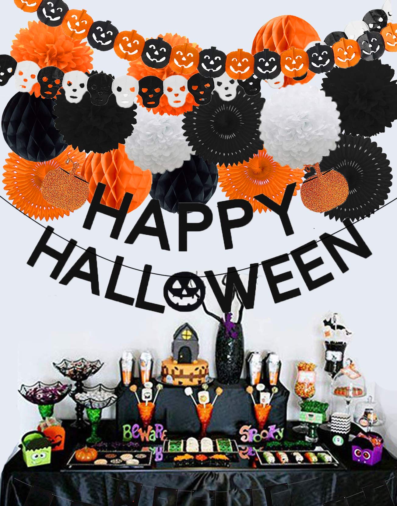 Halloween Party Decorations,Black Glittery Happy Halloween Orange Pumpkin Banner All-in-One Pack for Halloween Theme Party Supplies Decorations Kit for Kids