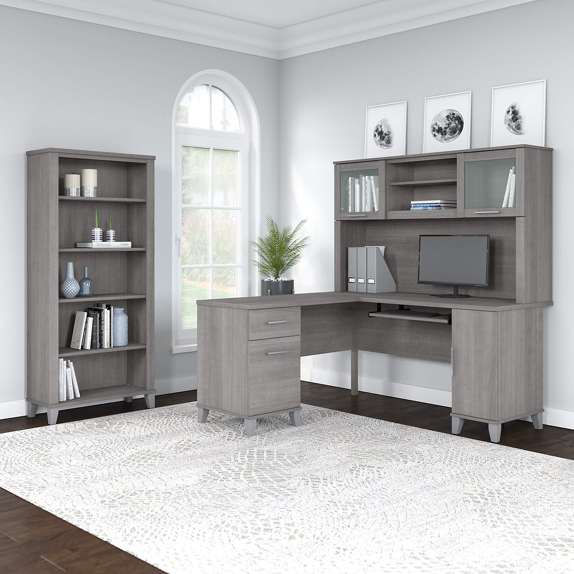Bush Furniture Somerset 60W L Shaped Desk with Hutch and 5 Shelf Bookcase