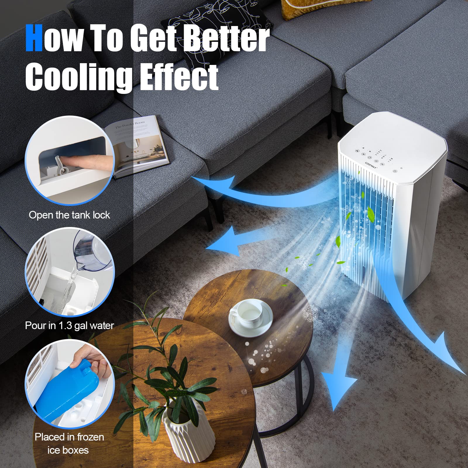 COSTWAY Portable Evaporative Air Cooler, 60°Oscillation Swamp Cooler with Remote Control, 2 Ice Packs, 15H Timer, 1.3 Gal Water Tank, 3 Modes, 3 Speeds, LED Display, Quiet Air Cooler for Bedroom Office Home