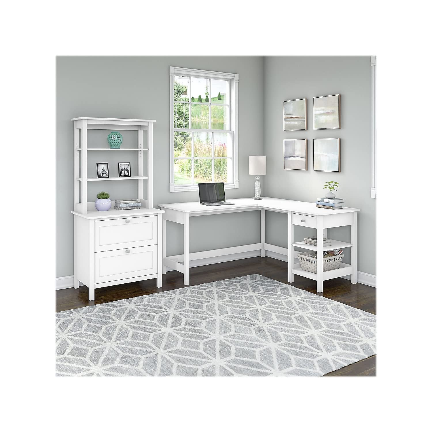 Bush Furniture Broadview L Shaped Computer Desk with Lateral File Cabinet and Hutch, 60W, Pure White