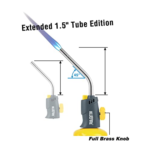 BLUEFIRE Trigger Start Gas Welding Torch Head with MAPP Kit,Extend 1.5" Tube Piezo Self Ignition Nozzle Fuel by MAPP MAP PRO Propane 1lb Handheld Cylinder Soldering Brazing Triple-Point Flame