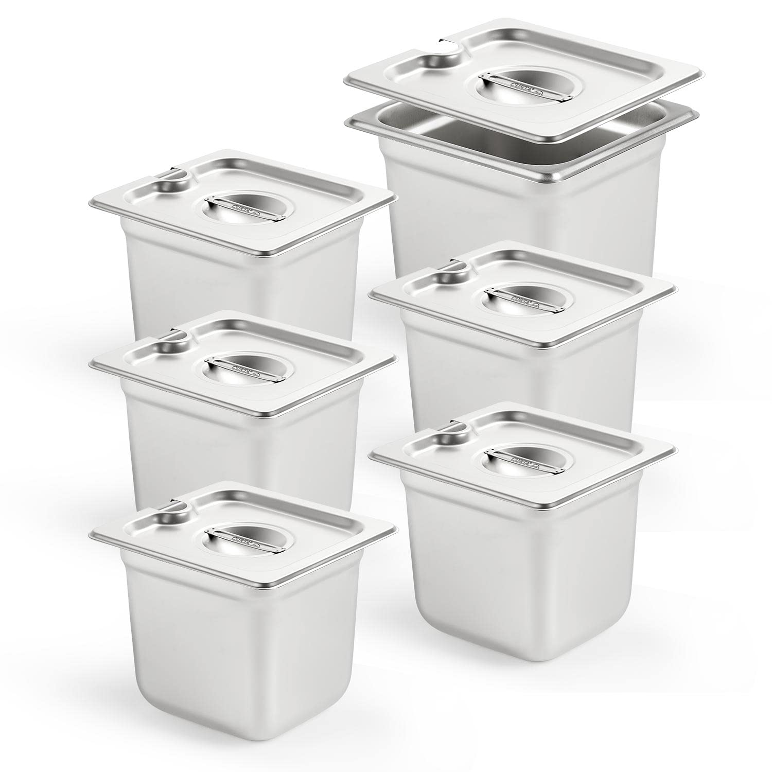 CURTA 6 Pack Anti-Jam Slotted Hotel Pans with Lids, 1/6 Size 6 Inch Deep, NSF Commercial 18/8 Stainless Steel Chafing Steam Table Food Pan with Covers