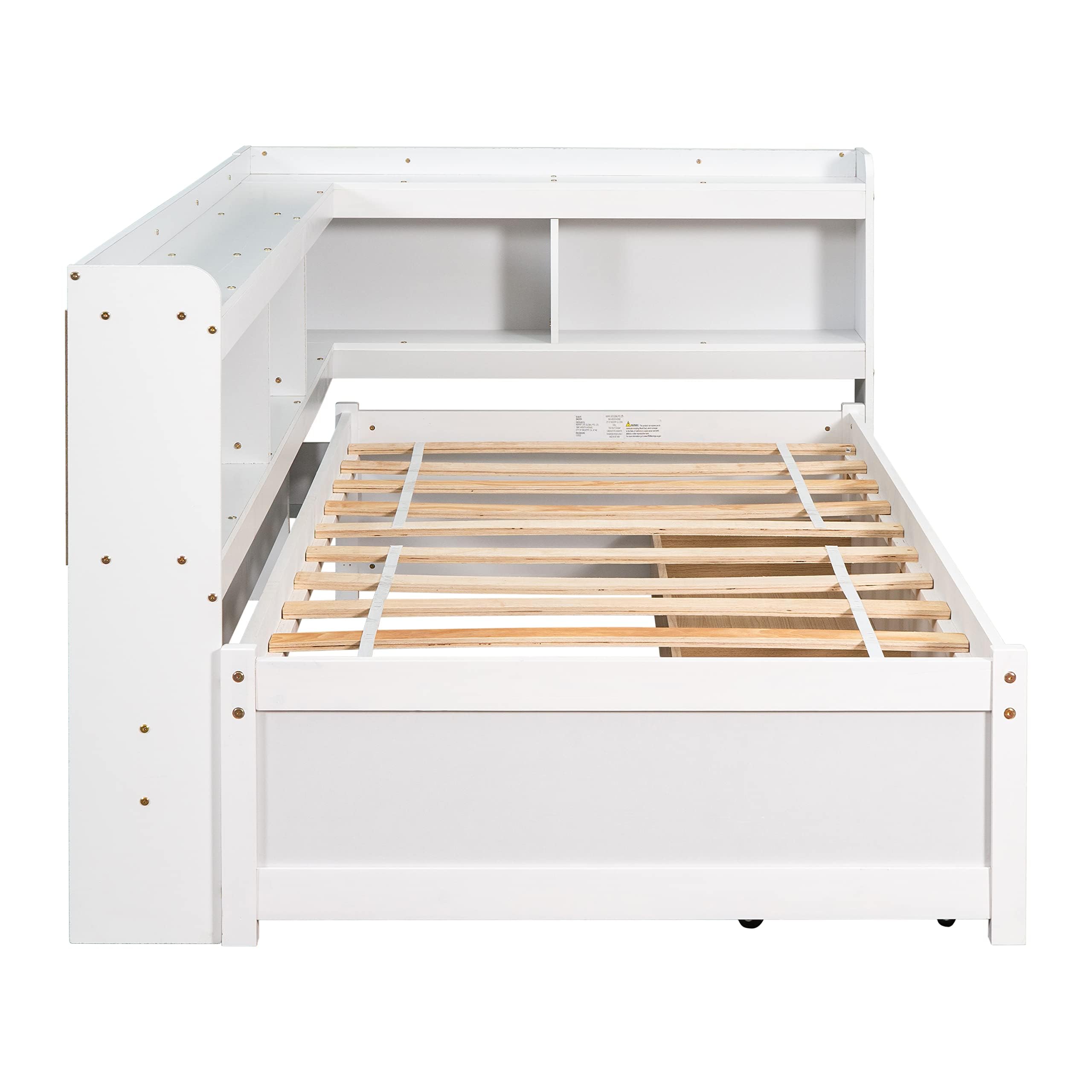DEINPPA Twin Size Bookcase Bed, L Shape Captain Bed Frame with Storage Drawers, Wooden Platform Bed with Bookcase Headboard, Hug Bed Frame for Kids Teens Boys Girls-White