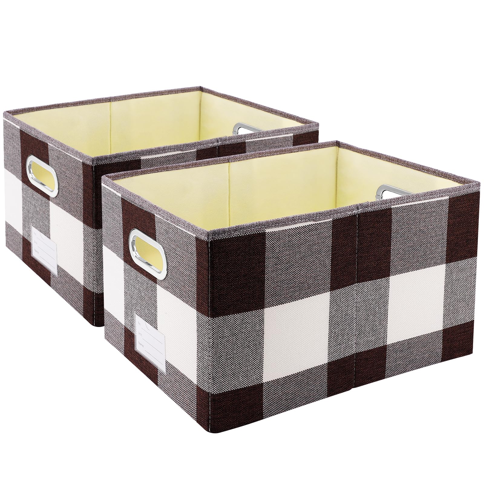 Fassave Foldable Storage Bins with PP Plastic Board, 2 Packs Fabric Storage Container Basket Cube with Handles for Office, Bedroom, Closet (Small-2 Pack, Coffee&White Grid)