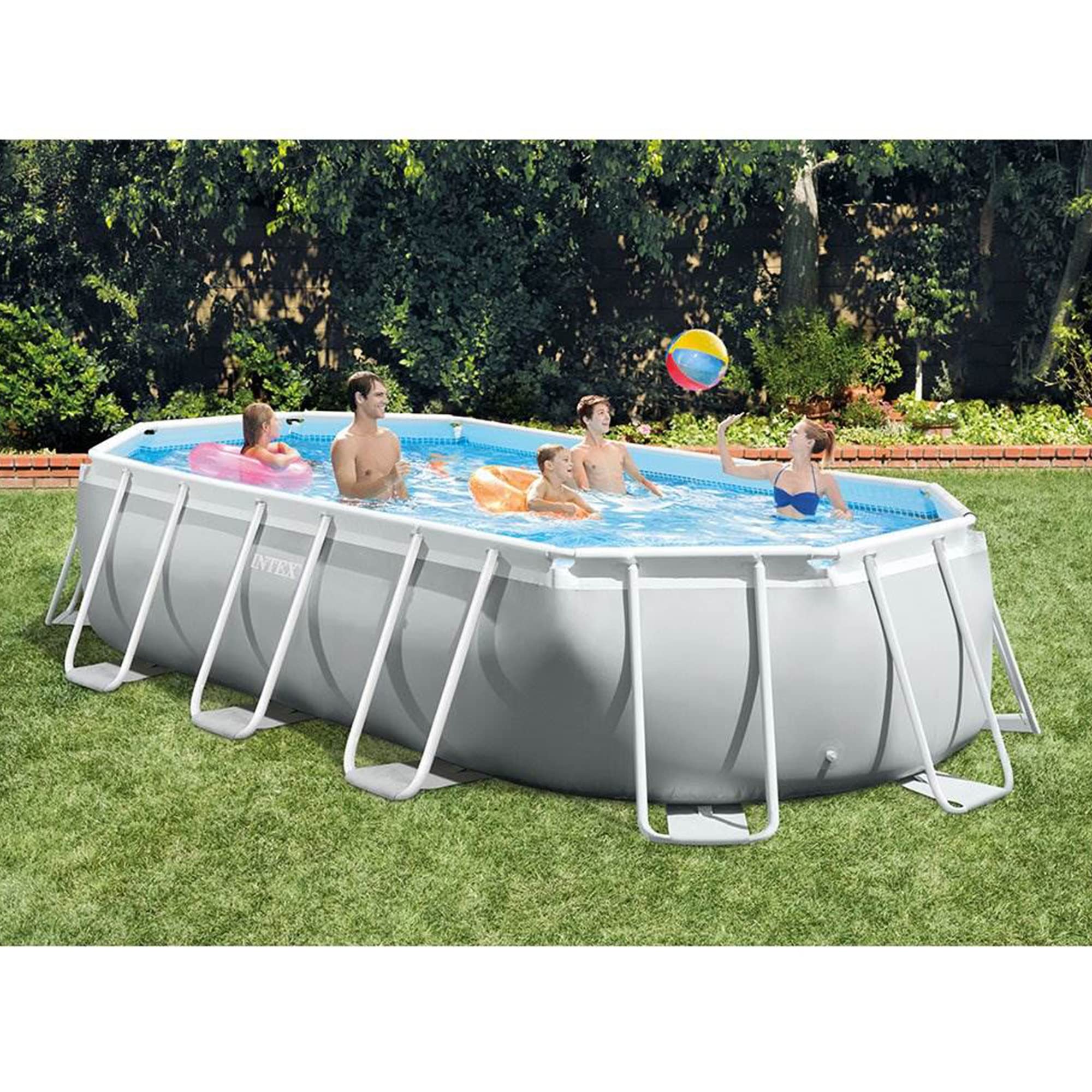 Intex Powder Coated Steel Tubing Outdoor Rectangular Frame Above Ground Pool Set with Ladder, Ground Cloth, and Filter Cartridges (6 Pack)