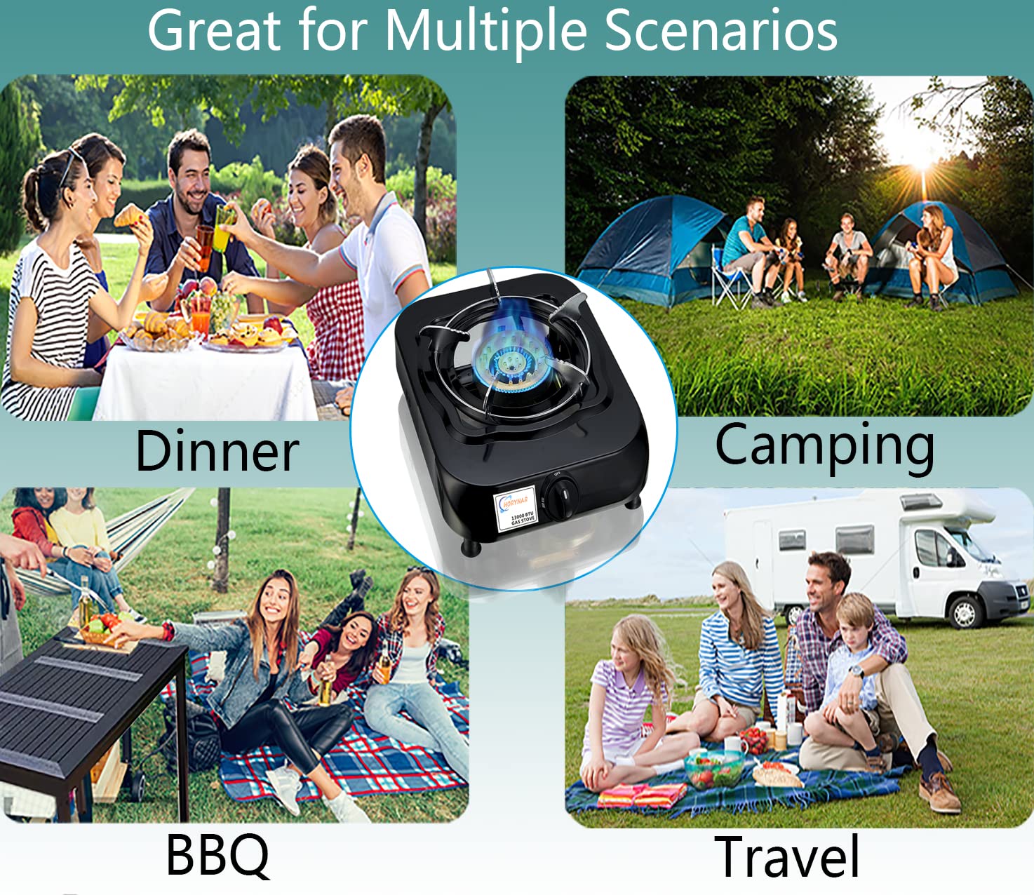 Horynar Single Burner Propane Stove with Propane Adapter Hose 13000 BTU Smart Switch Protection for Children. Portable, Unique Body Integrated Design