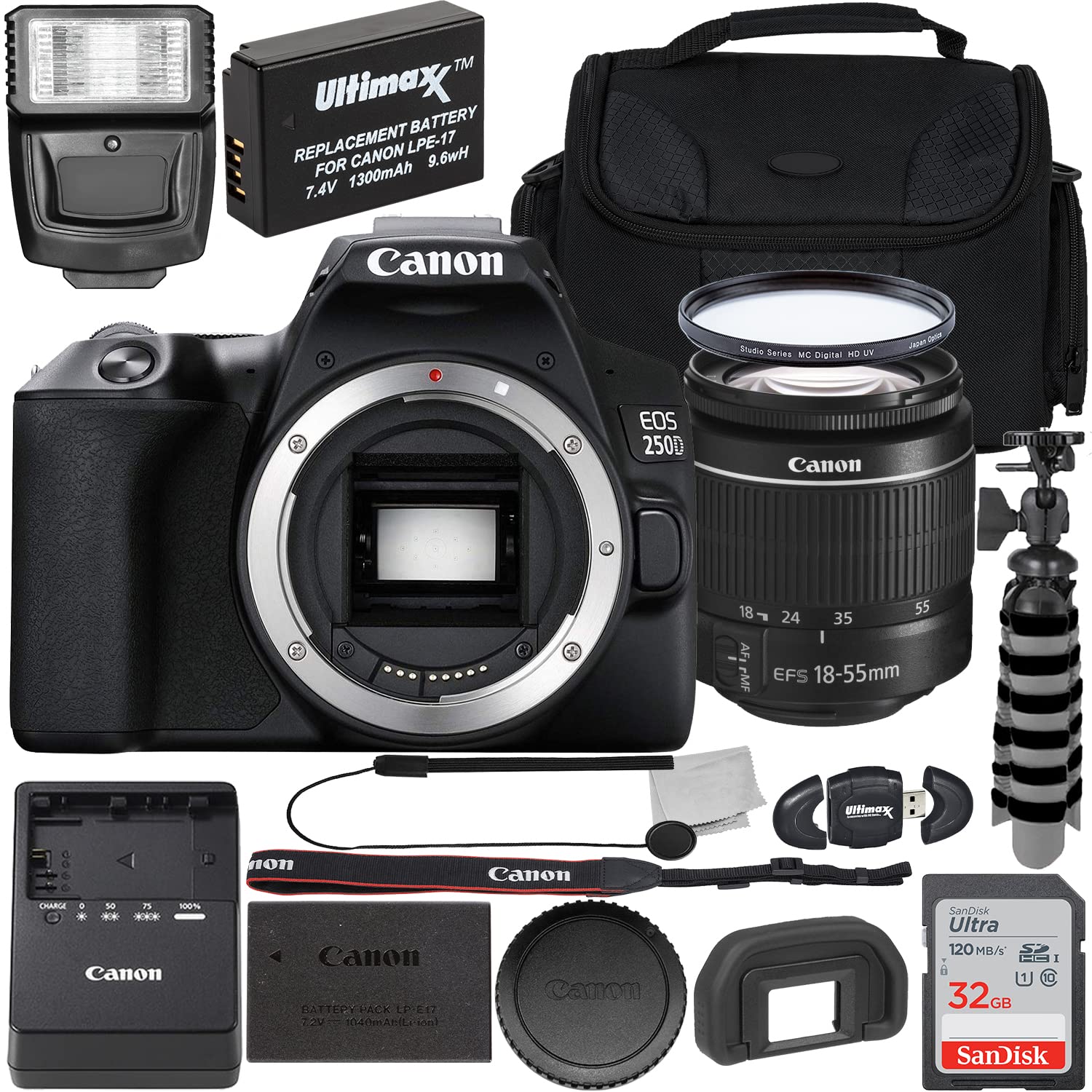 Canon EOS 250D w/EF-S 18-55mm f/3.5-5.6 III Lens with Professional Accessory Bundle - Includes: Spare LPE17 Battery w/Charger, Slave Flash, Large Gadget Bag with Dual Buckles & Much More