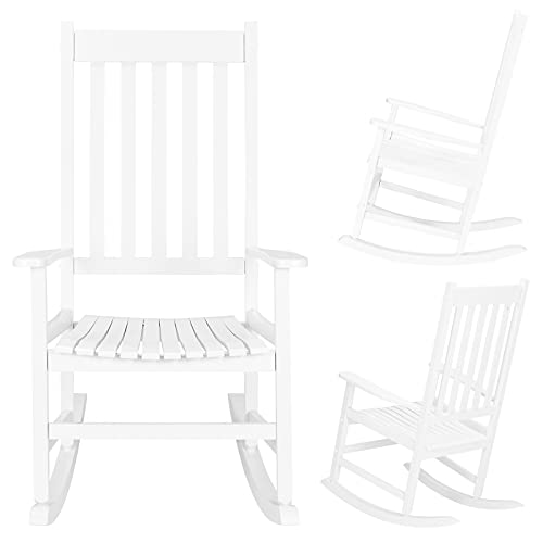 VINGLI Wood Rocking Chairs Relaxing Rocker Real Wood High Back Seat for Deck, Garden, Backyard, Porch, Indoor or Outdoor Use, White