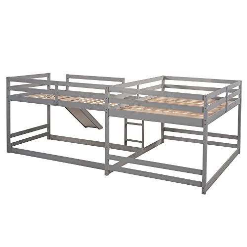 MERITLINE Quad Bunk Beds,Wood L-Shaped Bunk Beds with Slide and Ladder, 4 in1 Full and Twin Size Bunk Bed for Kids, Teens, Adults,Grey