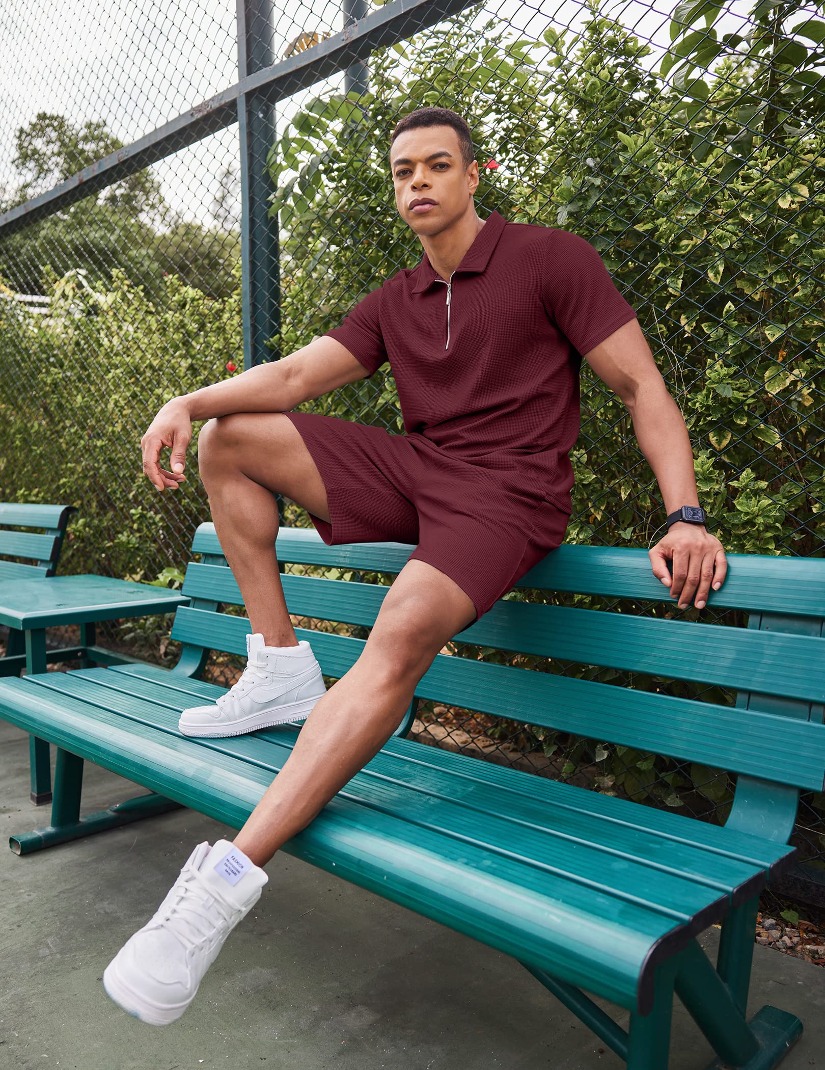 COOFANDY Mens Short Sleeve Casual Shorts Sets Summer Athletic Workout Outfits Zip Polo Suit Jogging Suits Sets