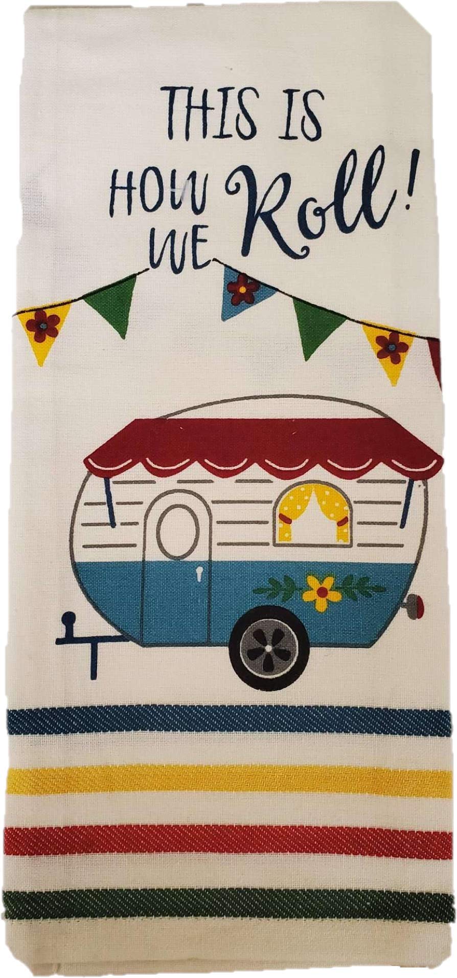 Bundle of 2 Camper Themed Kitchen Tea Towels, This Is How We Roll And The Adventure Begins