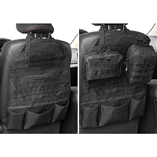 Car Backseat Organizer Tactical Molle Panel Seat Back Protector Cover Nylon Vehicle Car Back Seat Cover Pocket Storage (Black-2pc)