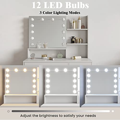 Furnideco 37" W Makeup Vanity with Lights,Vanity Desk with Chair, 5 Drawers Makeup Table with Lighted Mirror, 3 Lighting Colors,for Women Girls, White