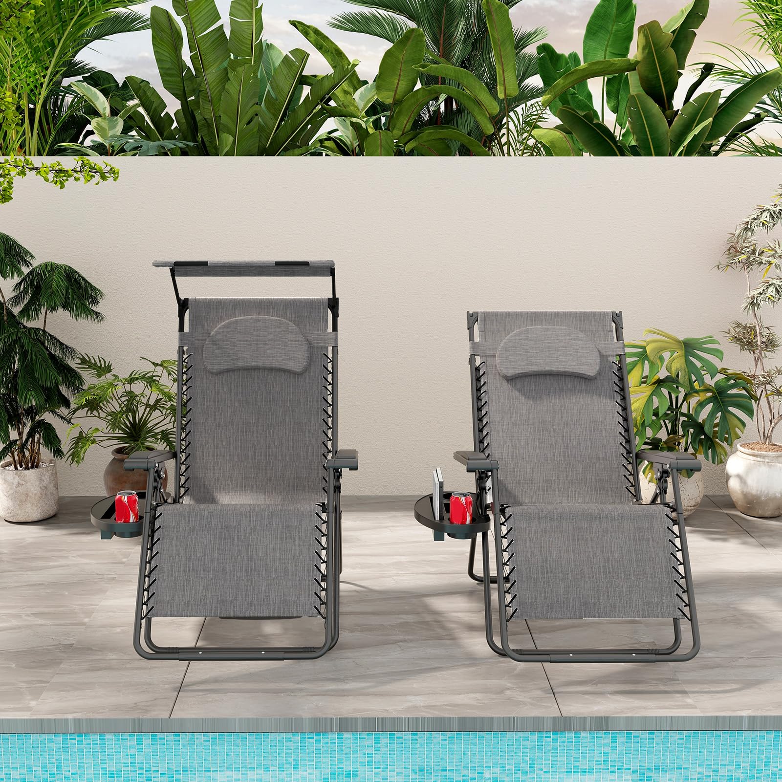 Goplus Zero Gravity Chairs, X-Large Folding Lounge Lawn Chair w/Canopy Shade & Cup Holder, Adjustable Folding Patio Recliner for Pool Porch Deck Oversize (Grey)