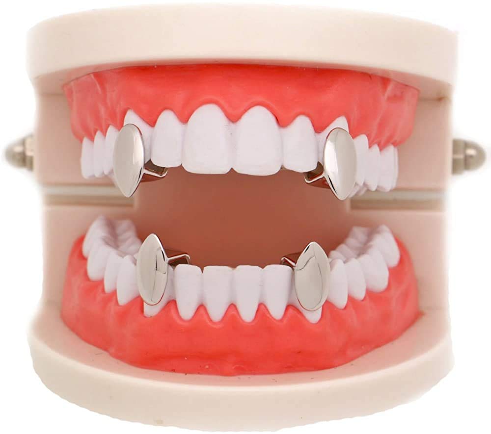 canjoyn 4 PC Vampire Dracula Single Metal Fangs Hip Hop Teeth 18K Grillz Set