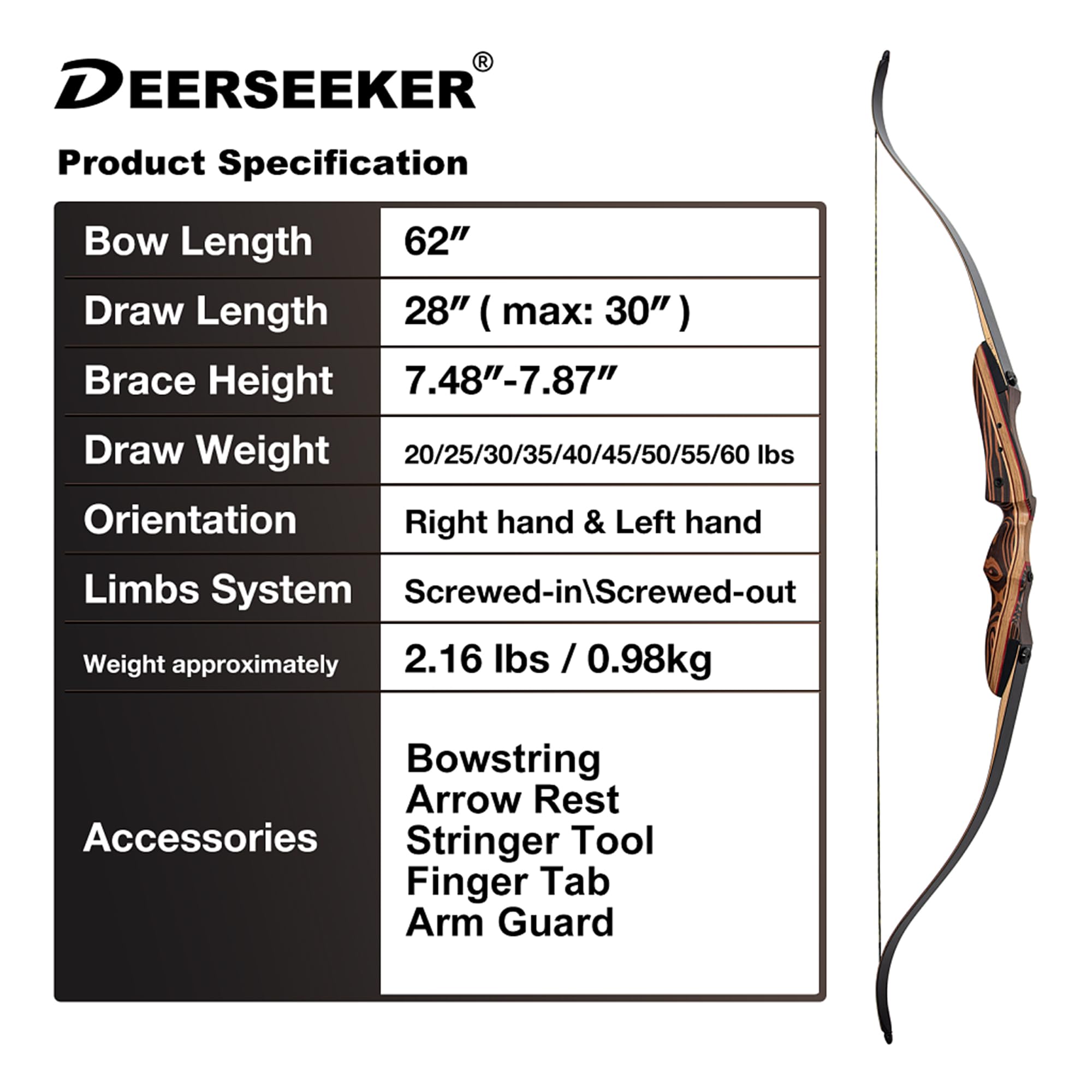Deerseeker Archery 62" Takedown Recurve Bow Set for Adults & Youth with Right Hand & Left Handed Laminated Wooden Riser Bow Hunting Target Shooting 20-60lbs(RH 50lb)