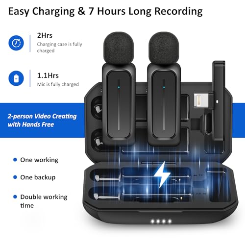 ECOMXIA 2 Pcs Wireless Lavalier Microphone for iPhone iPad Android with Charging Case 7H Clip on Lapel Microphone Wireless for Video Recording Vlogging, YouTube, Interview, 3 Mode Denoise, 70ft