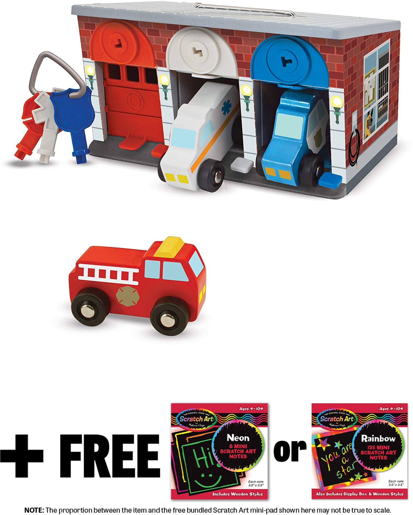 Melissa & Doug Lock and Roll Rescue Garage: Wooden Toy Play Set + 1 Scratch Art Mini-Pad Bundle (#04607)