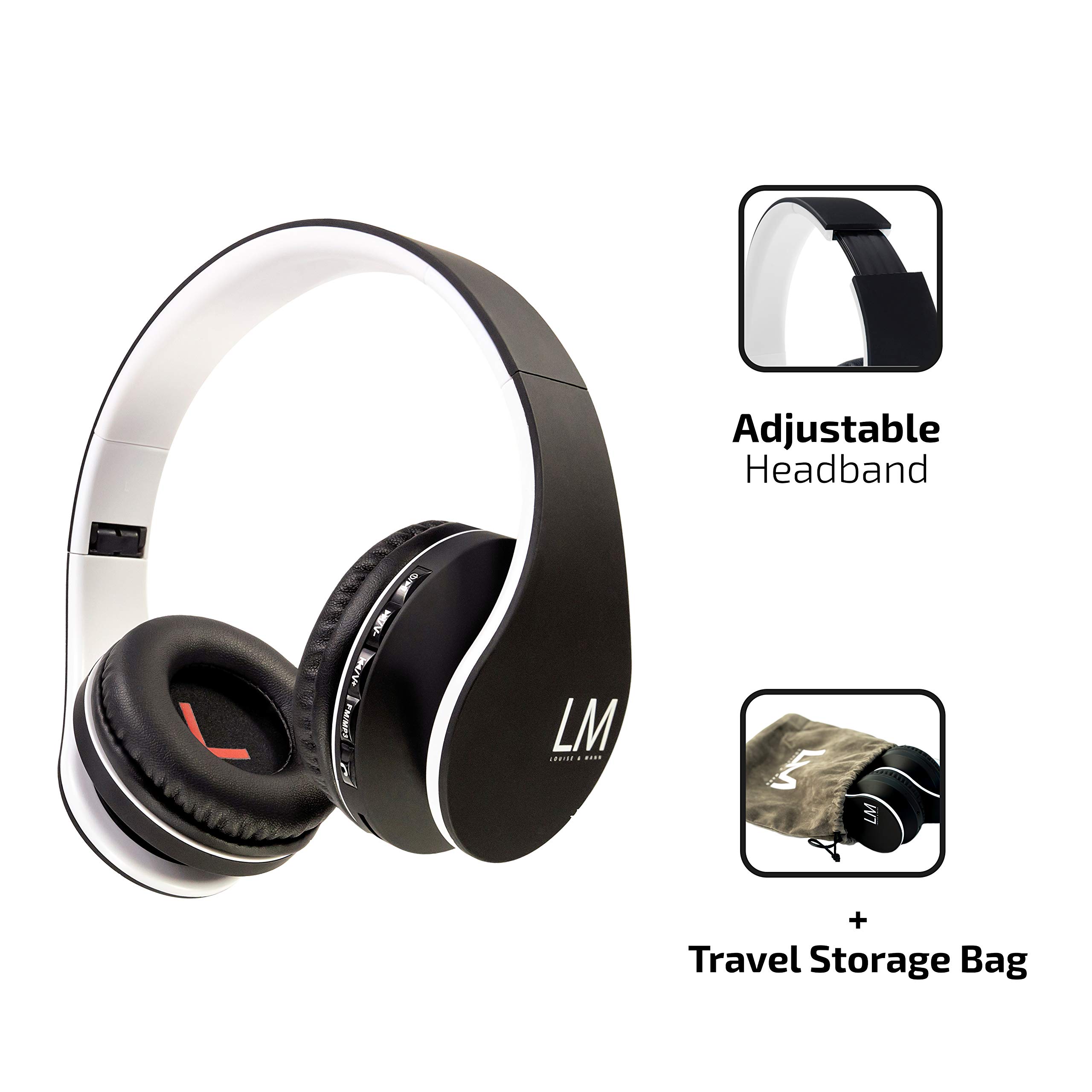 Bluetooth Headphones, Louise&Mann Wireless Headphones Over-Ear, Stereo Headset with Microphone, Soft Earmuffs, Bag for Transport for Phones/Tablets/PC (Black/Silver)