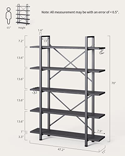 Gizoon 5 Tier Bookshelves for Storage, Industrial Tall Wood Bookshelf with 4 Hooks, Metal Frame Display Shelves for Bedroom, Living Room, Kitchen, Black