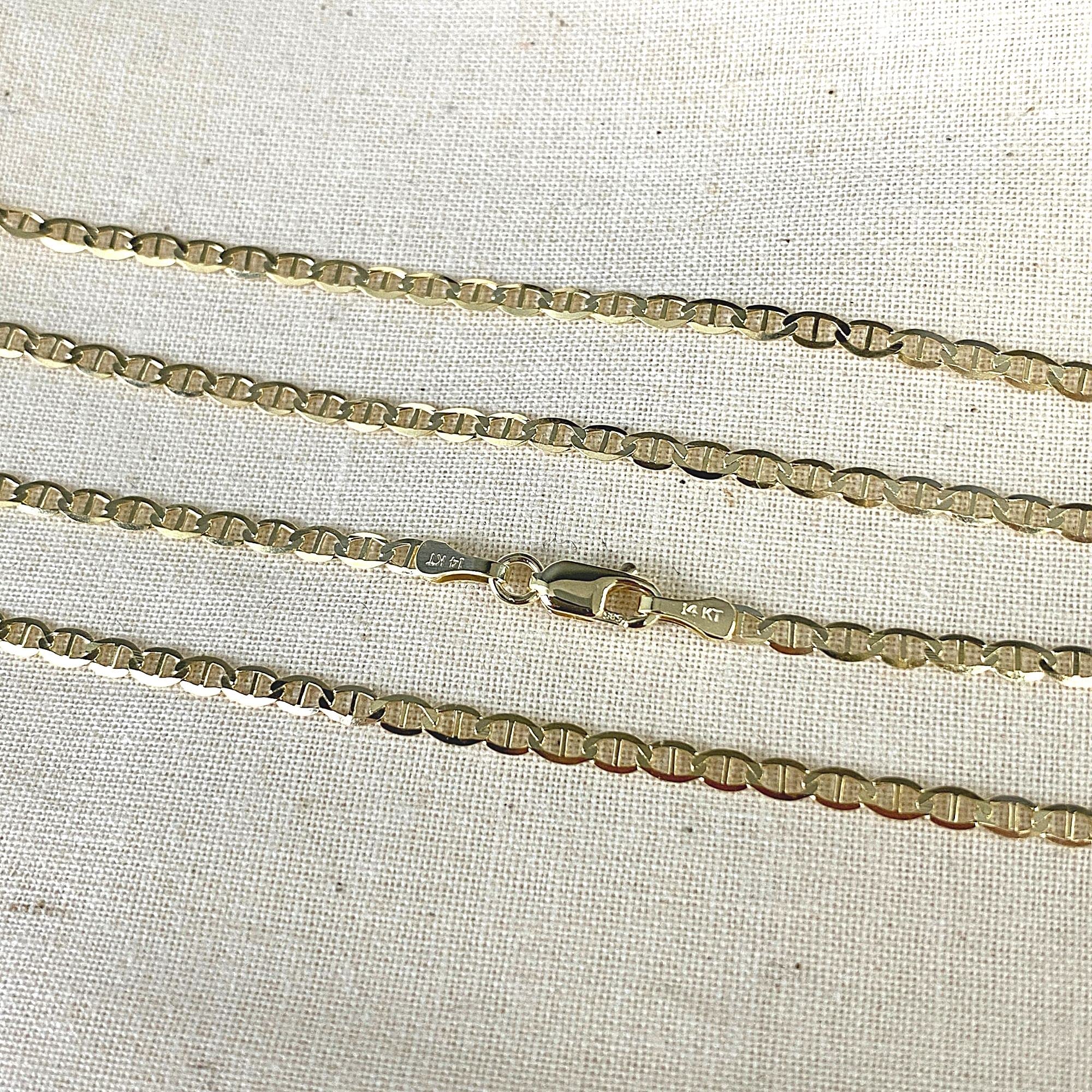 Ioka - 14K REAL Yellow Solid Gold 2.5mm Flat Mariner Chain Necklace with Lobster Clasp - 22"