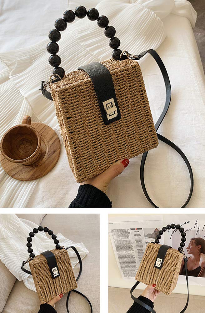 QZUnique Straw Bucket Bags for Women Top Handle Drawstring Woven Handbag Shoulder Bag Summer Beach Purses with Bamboo Handle
