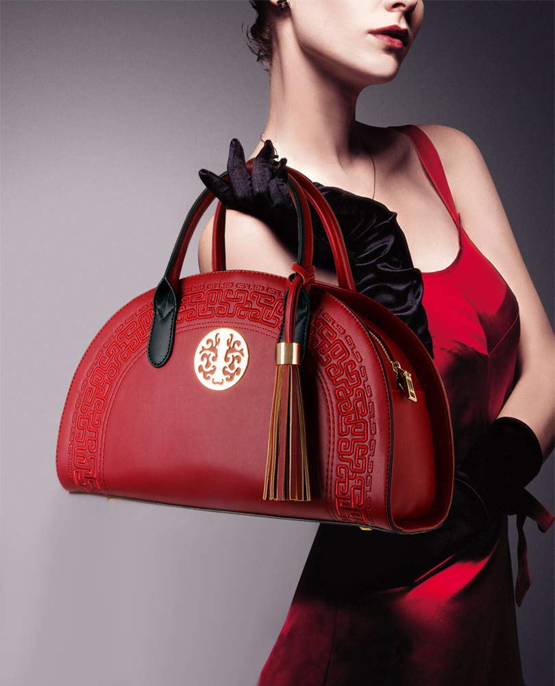 QZUnique Women's PU Embroidery Tassels Ethnic Style Handbag Bride Bag Crossbody Shoulder Bag Red