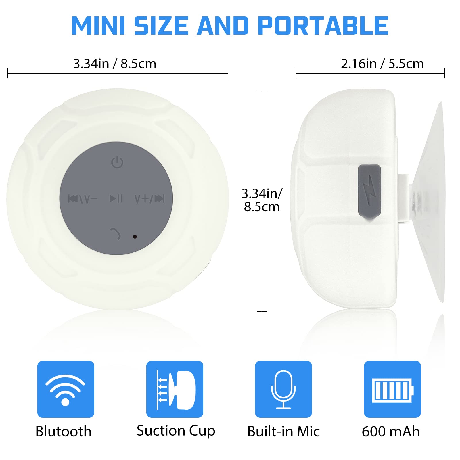 Bluetooth Shower Speaker Waterproof Portable Wireless Water-Resistant Speaker Suction Cup Built-in Mic Gifts for Kids Speakerphone for iPhone Phone Tablet Home Bathroom Kitchen Outdoors - White