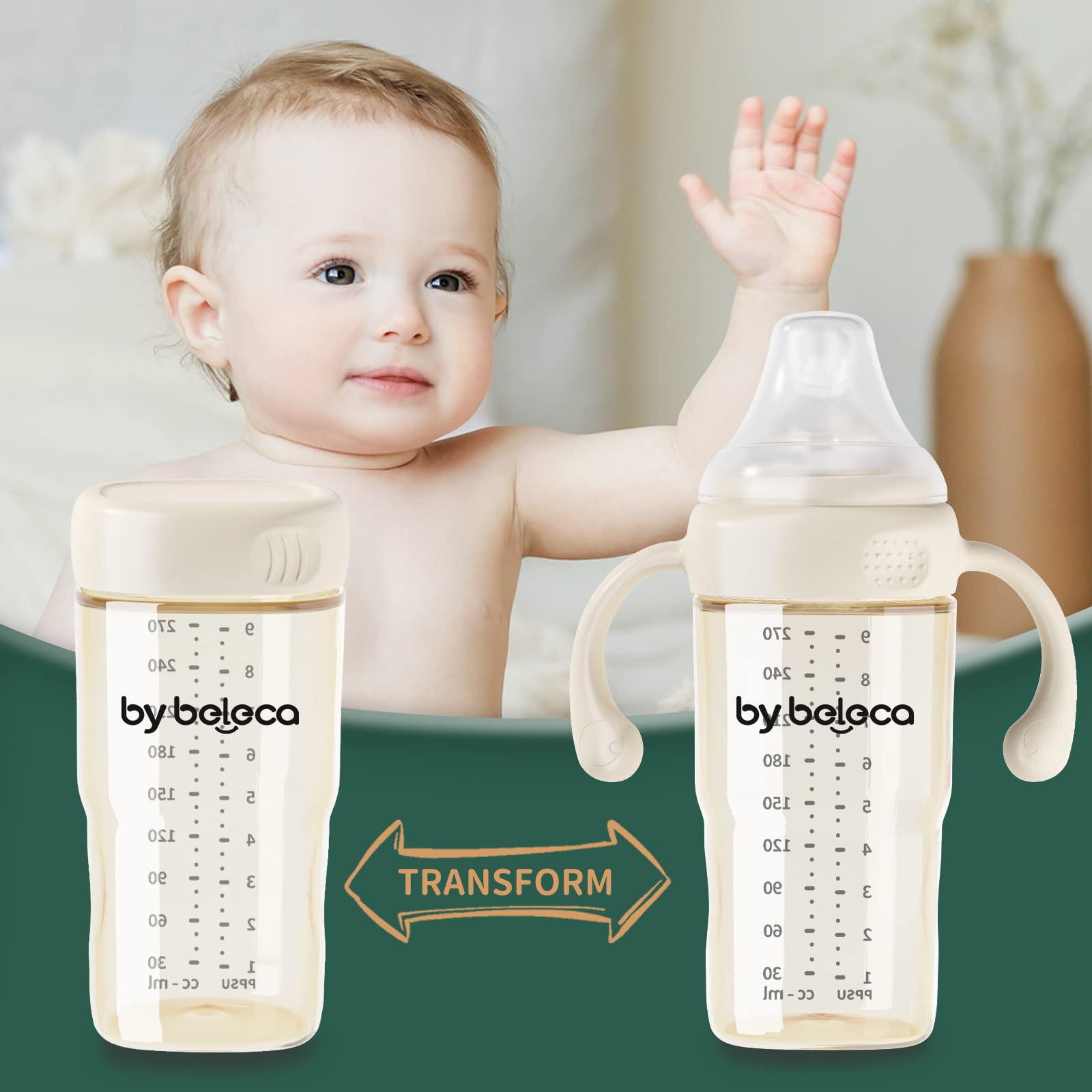 bybeleca PPSU Baby Bottle, Bottles for Newborn Babies with Medium Flow Cross-Cut Nipple, Anti Colic Bottles for Infant with Handles & Dust Cap & Flat lid, Milk Bottle for 6M+, 9oz./270ml, Beige