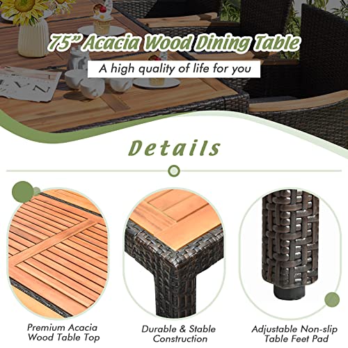 GLACER 9 Pieces Outdoor Patio Dining Set, 75" Large Acacia Wood Wicker Dining Table & Stackable Cushioned Chair Set, Rattan Dining Furniture Set for Backyard, Garden, Poolside, Patio Dining Set for 8
