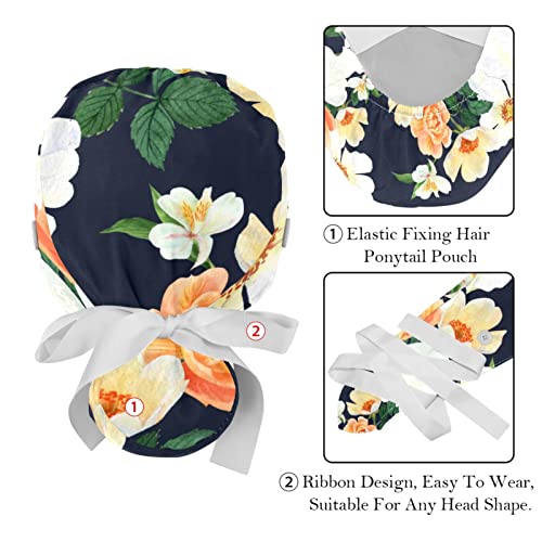 Mersov Watercolor Flowers Scrub Hats for Women Long Hair, Working Cap with Button & Sweatband, Unisex Tie Back 2 Packs, Multicoloured 5, Medium-3X-Large