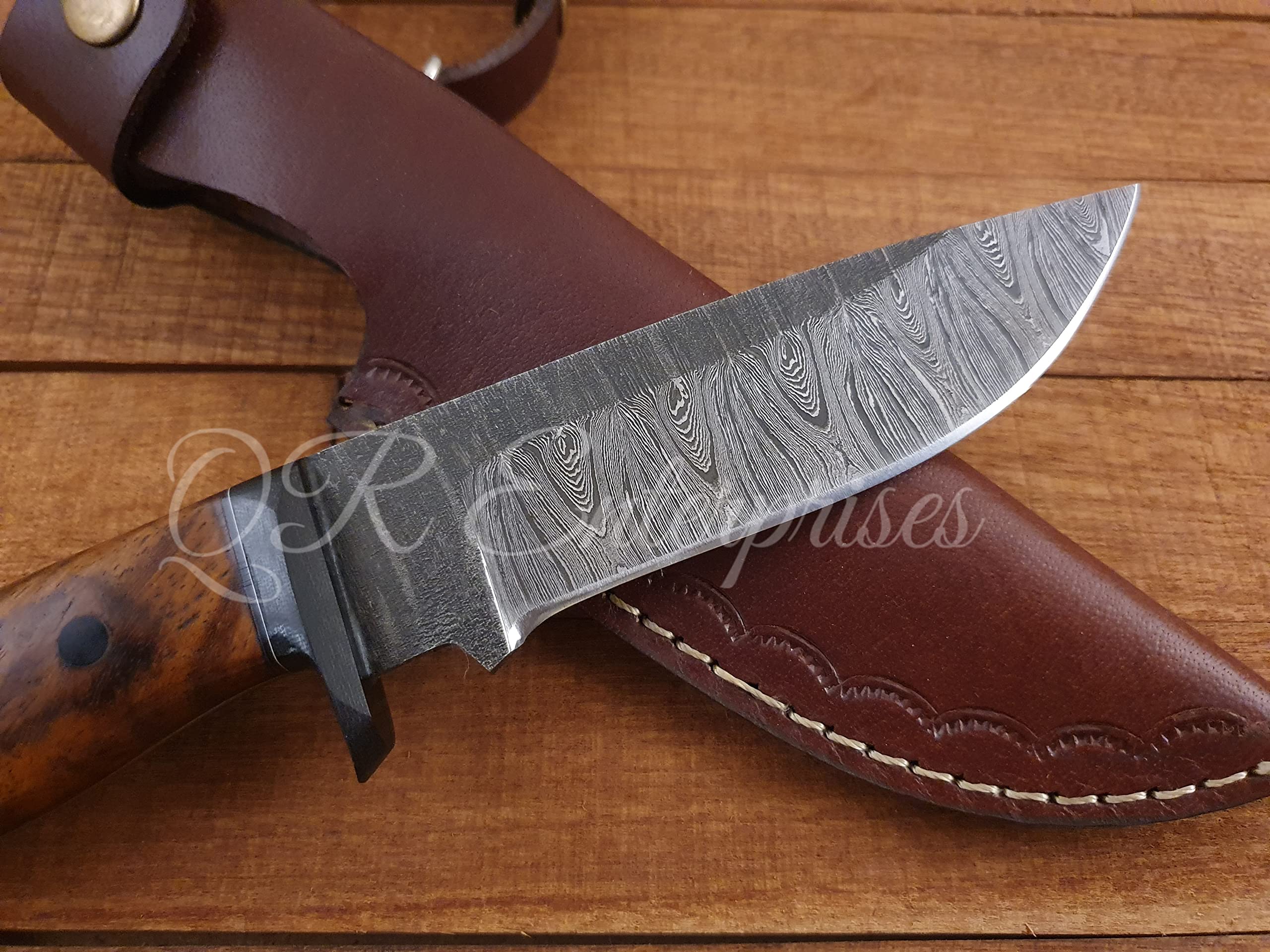 Classic Blades Damascus Steel Fixed Blade Hunting knife, Bushcraft, Bowie, Survival, Outdoor, Camping, Wooden Handle knife With leather Sheath.