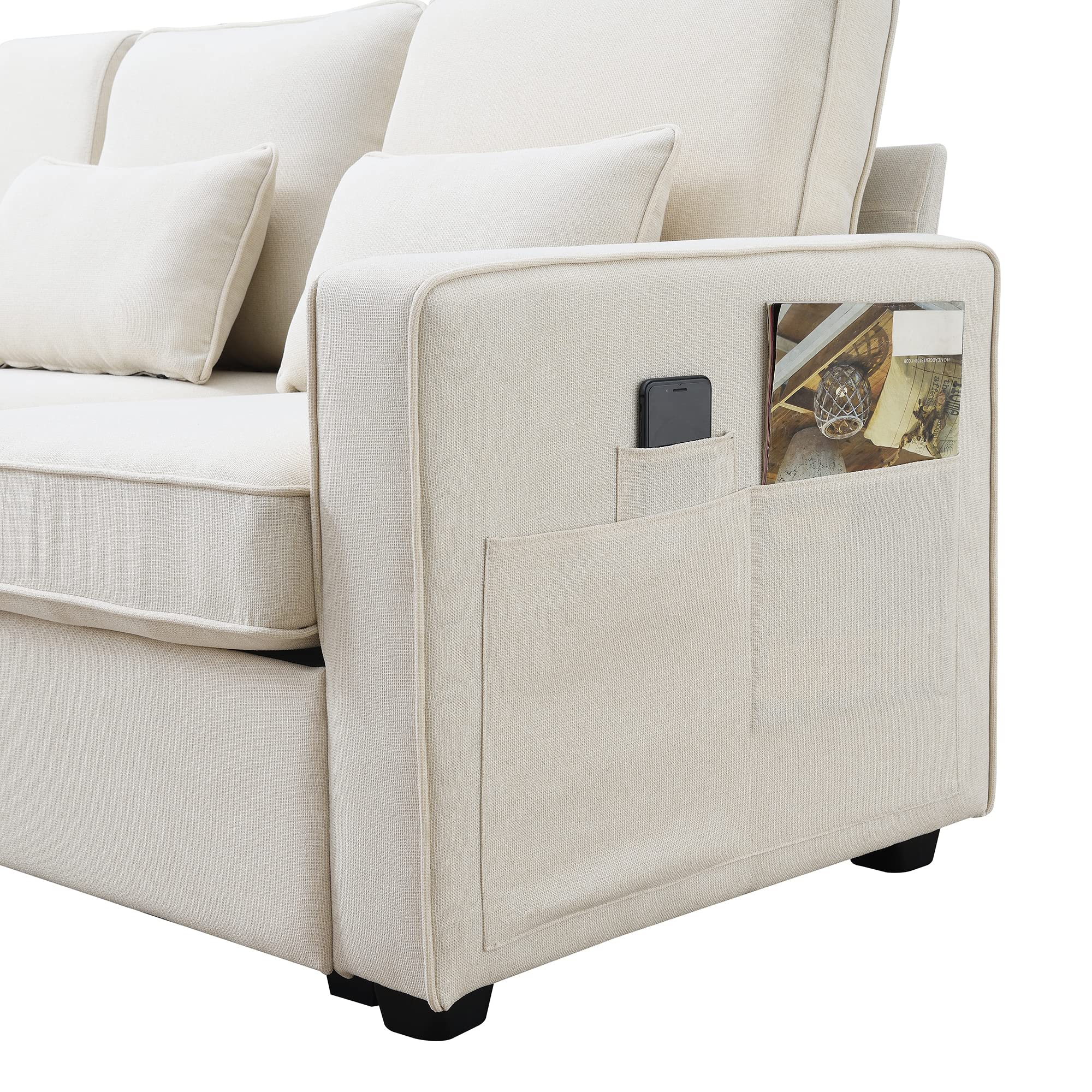 Favfurish 114.2" Linen Upholstered Sofa with Consoleand 2 USB Ports Wired or Wirelessly Charged,Modern 4-Seat Couches W/ 4 Pillows and Two Cupholders,for Living Room,Apartment,Beige