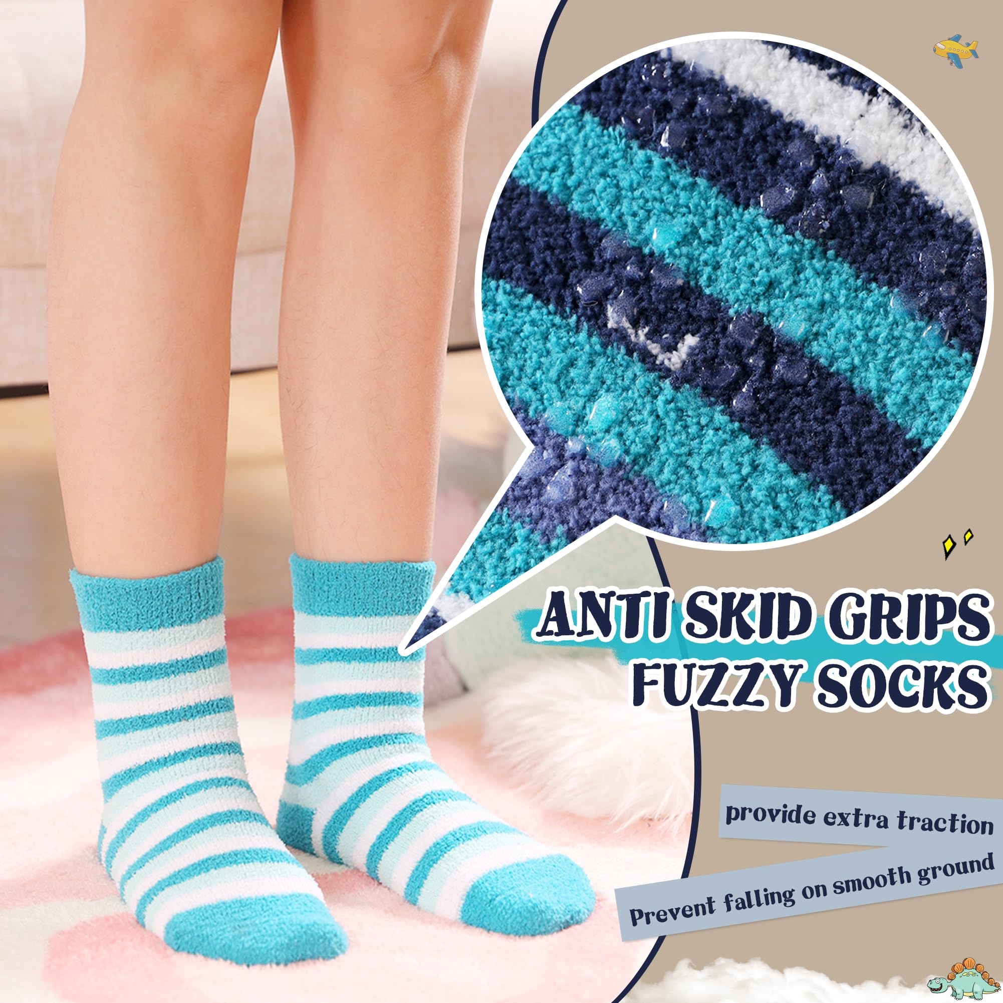 Kids Fuzzy Slipper Grip Socks Boys Girls Non Slip Winter Thick Fluffy Warm Soft Plush Thermal Crew Socks 6 Pairs (4-7 Years, 6 Pairs Stripe)