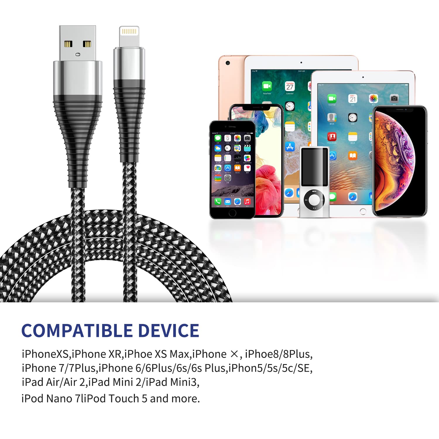 iPhone Charger Cable,5 Pack 10ft [MFi Certified] Extra Long Lightning Cable,Strong Nylon Braided 10 Foot Charging Cord for iPhone 12/11/11Pro/11Max/ X/XS/XR/XS Max/8/7/6/5S/SE/iPad Mini Air (Black)