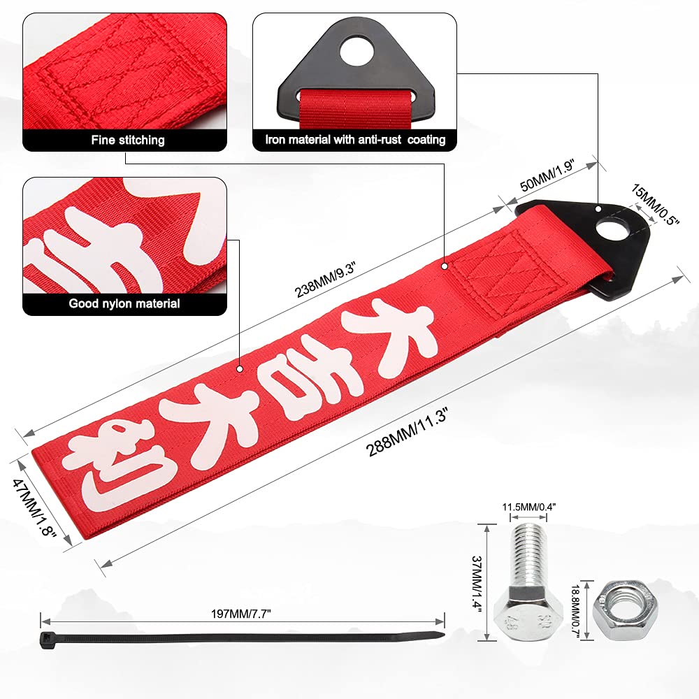Car Modification JDM Sports Red Racing Tow Strap Personalized with Chinese Slogan Traction Rope Trailer Hook HF Fit for Front or Rear Front Bumper Decorative Trailer Belt (B)