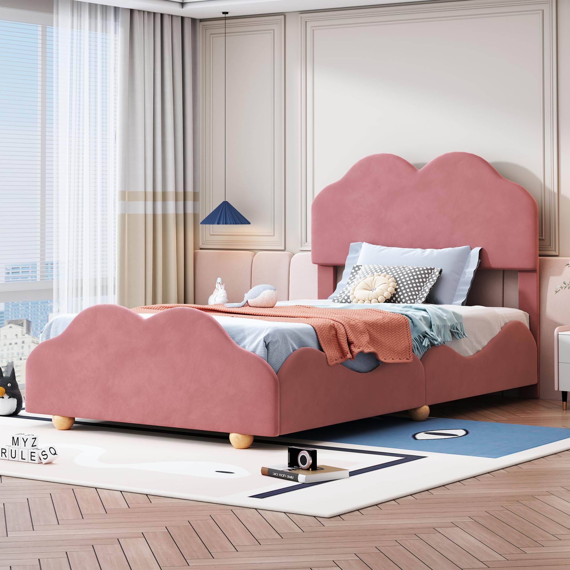 Favfurish Twin Size Velvet Upholstered Platform Bed with Cloud Shaped Headboard, Solid Pinewood Bed-Frame W/Supported Feet and Baffle, for Kids,Girls,Boys,Beige