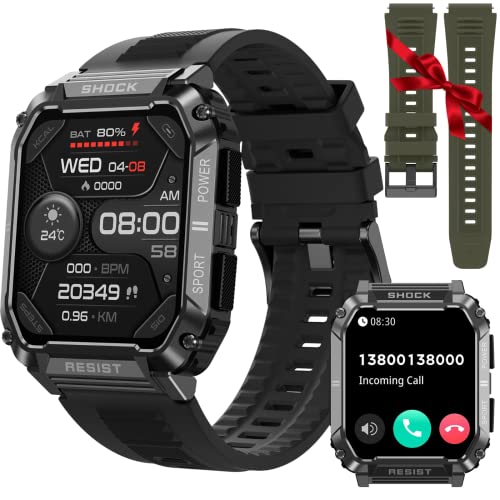 HEXADRC 1.95'' Military Smart Watches, IP68 Waterproof Smart Watch with Bluetooth Call, 123 Sports Modes Fitness Tracker Watch Tactical Smartwatch for iPhone & Android Phone