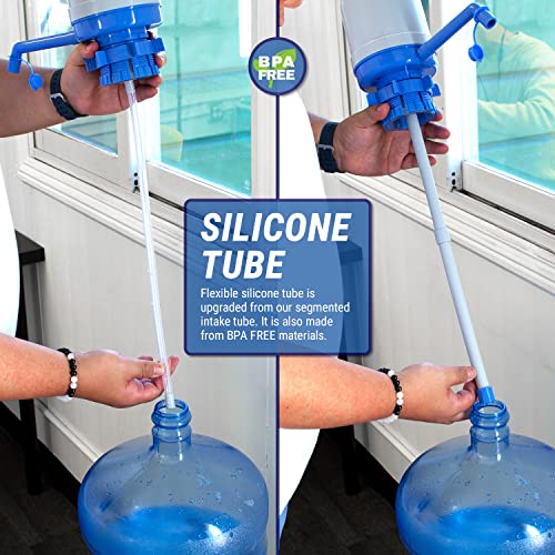 Dolphin Water Pump 8080-T, Manual Drinking Water Pump for 5 Gallon Bottles, Fits 2 to 6 Gallon Bottles, BPA-Free, Secure Fit on Crown Top or Screw Top Bottles, Silicon Tube for Irregular Water Bottles