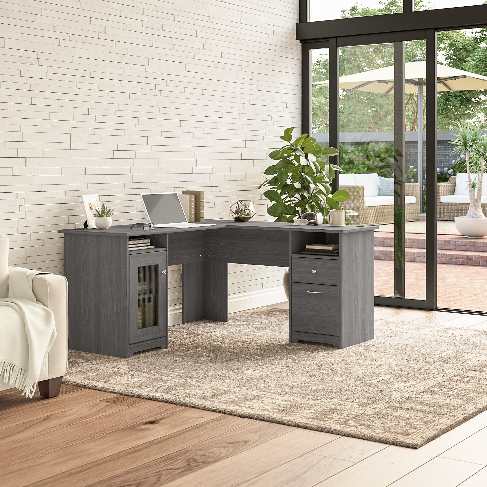 Bush Furniture Cabot L Shaped Computer Desk with Hutch, 60W, Natural Maple