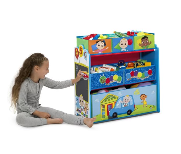 PZCXBFH CoComelon 4-Piece Toddler Playroom Set by – Includes Play Table with Dry Erase Tabletop and 6 Bin Toy Organizer with Reusable Vinyl Cling Stickers, Blue/Multi