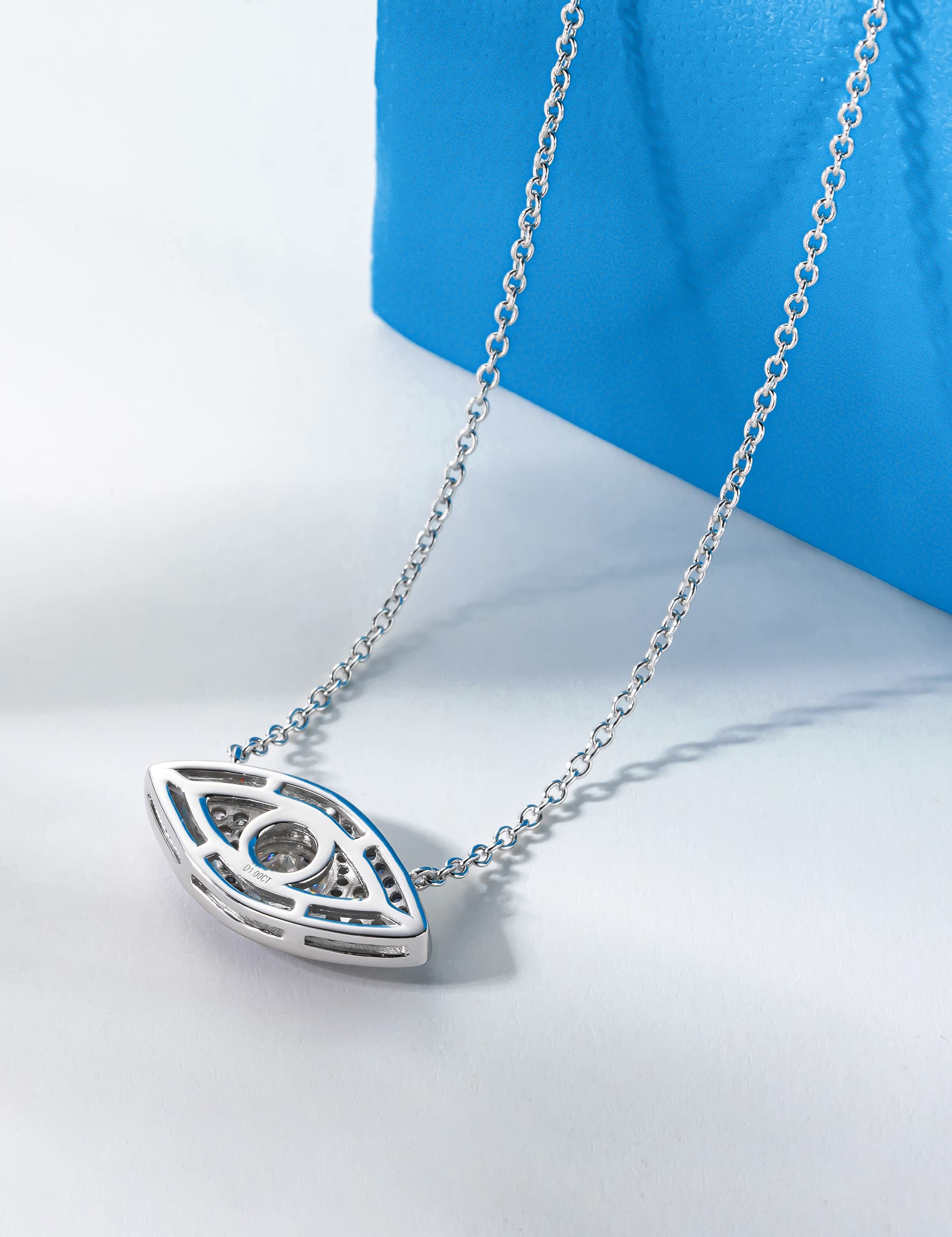 CannyCat Moissanite Evil Eye Pendant Necklace 1.2 CTTW D color VVS Moissanite and Sapphire Necklaces Lab Created Diamond Platinum Plated Sterling Silver Chain 16β+2β Lucky Gift for Women