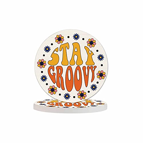 Pznen Stay Groovy Coasters for Drinks Office Coffee Table Seventies Retro Hippie Flowers Wreath in Circle Daisies Floral Living Room Decor Set of 2 for Cold Drinks Wine Mugs and Cups 4 Inch