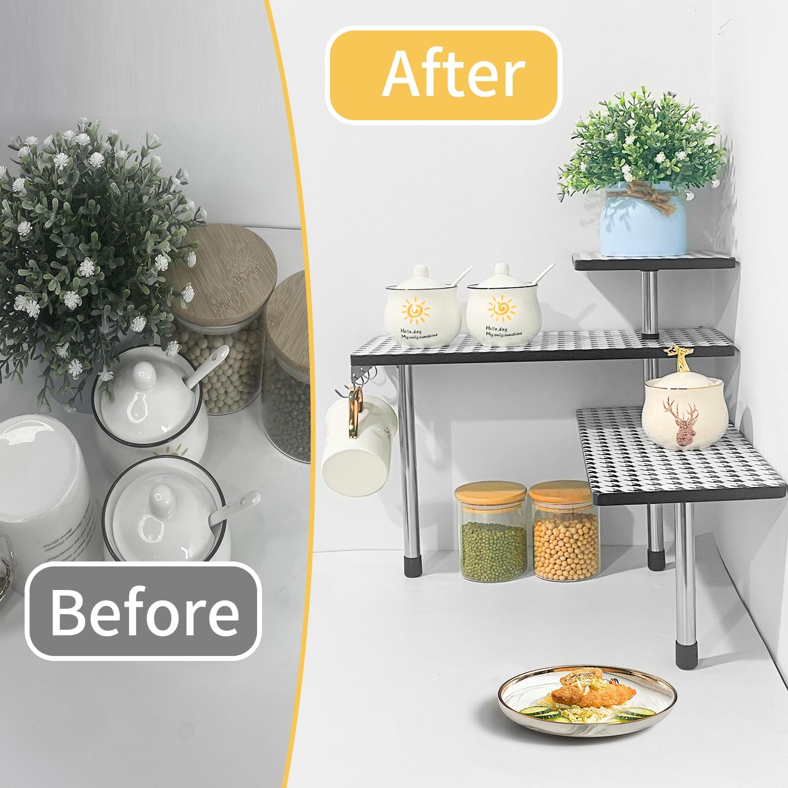 DRDINGRUI 3-Tier Bamboo Countertop Organizer, Kitchen Corner Shelf Organizer, Movable Corner Shelf with Hooks for Kitchen, Bathroom, Living Room, Office, White
