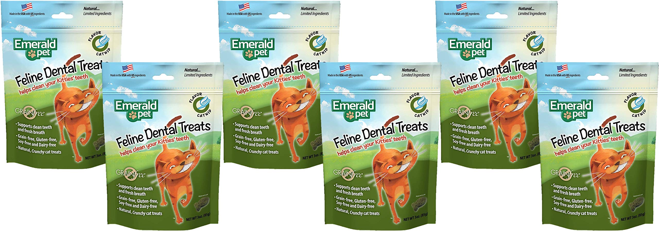Emerald Pet 6 Pack of Catnip Feline Dental Treats, 3 Ounces Each, Grain-Free Cat Treats Made in The USA