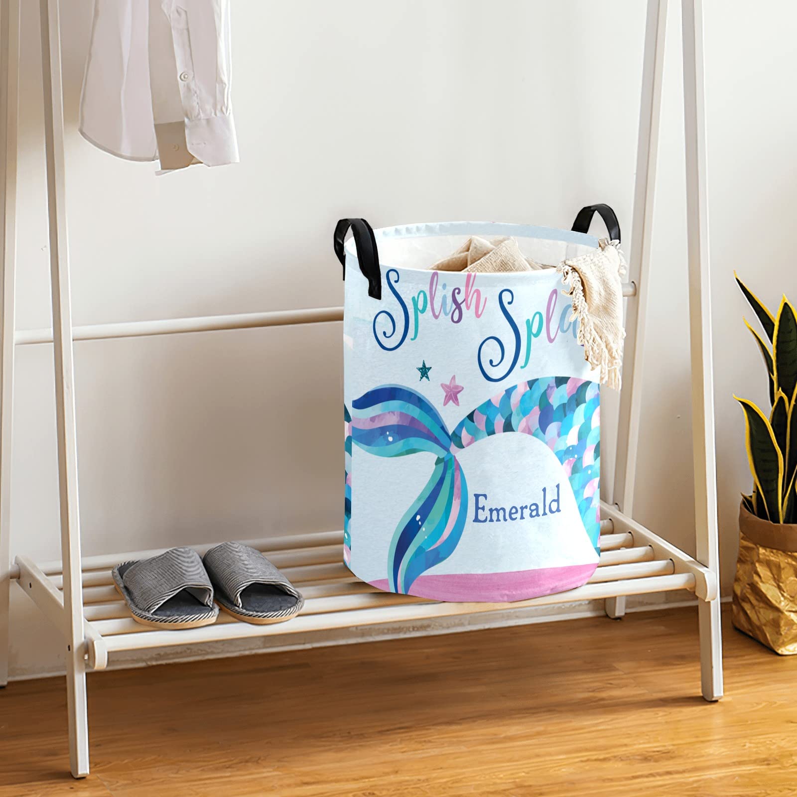 Custom Fantasy Watercolor Mermaids Laundry Basket Handles Collapsible Hamper Foldable Storage Bin Living Room Office Bathroom Bedroom