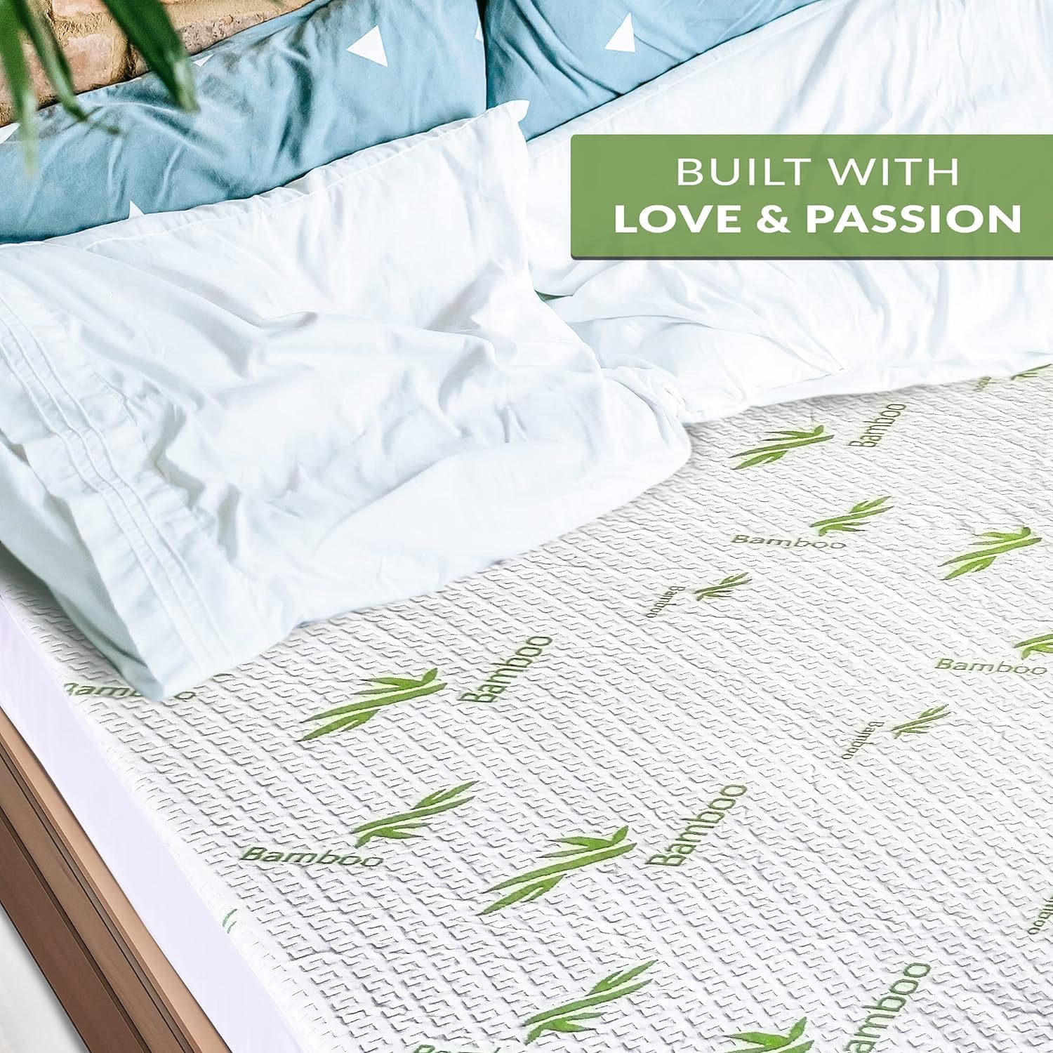 Dream Linens Bamboo Mattress Pad with Fitted Skirts, Double Knit Jacquard Mattress Topper, Breathable Soft Quilted Mattress Cover (Queen)