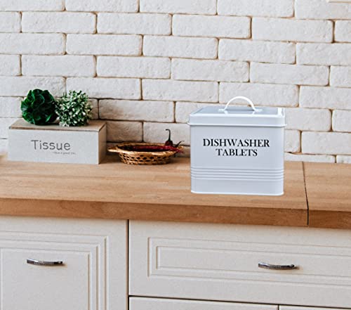 Metal Dishwasher Detergent Pods Containers -White Dish Washer Tablets with Lid for Kitchen Decor and Accessories