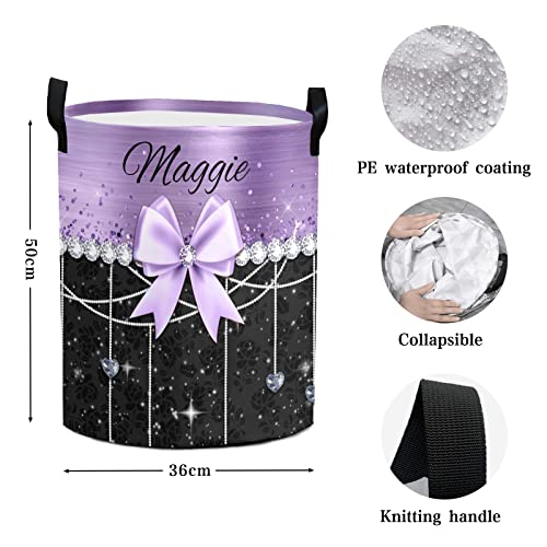 Glitter Print Purple Black Bow Personalized Foldable Freestanding Laundry Basket Clothes Hamper with Handle, Custom Collapsible Storage Bin for Toys Bathroom Laundry