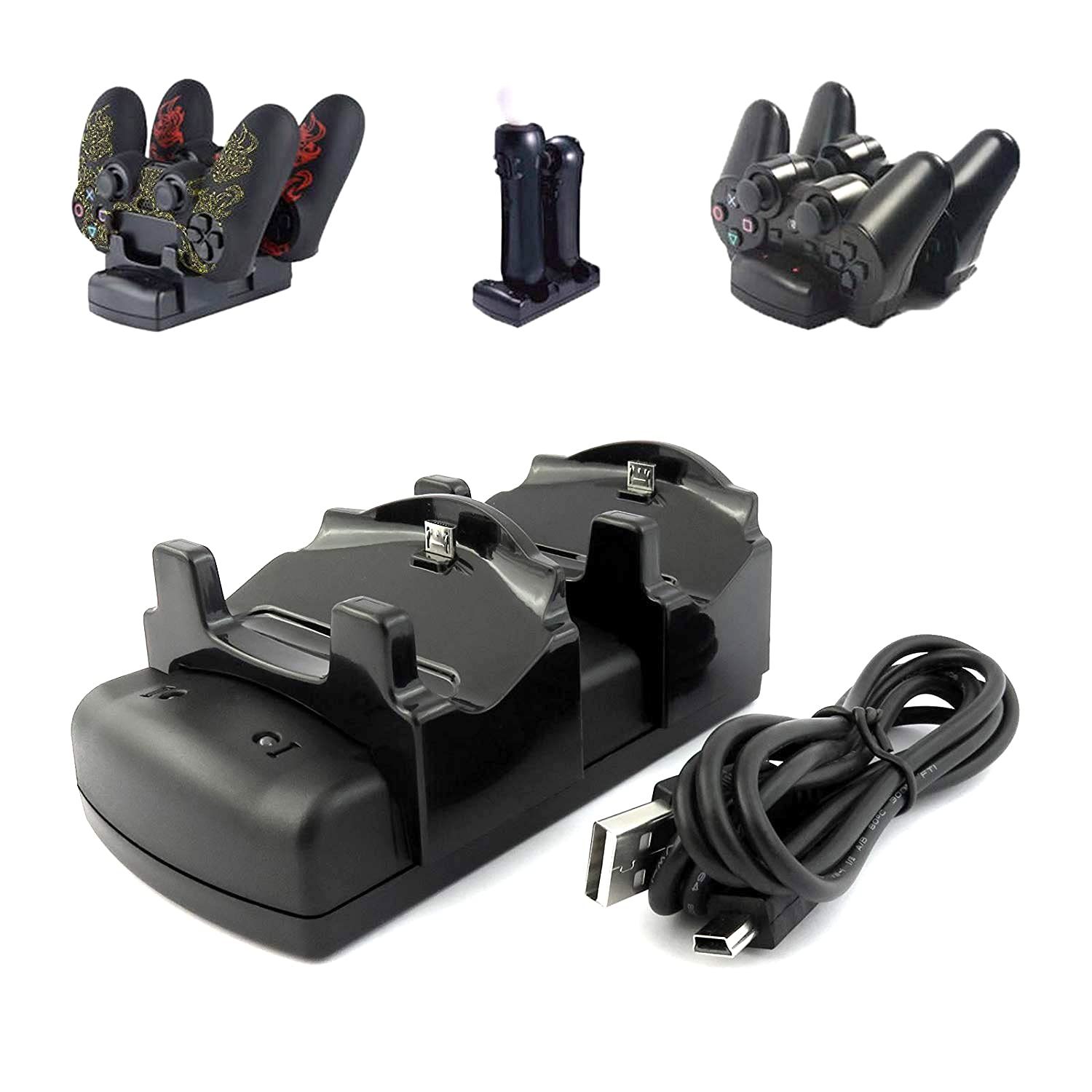 KlsyChry Playstation 3 Controller Charger PS3 / PS3 Move / PS4 Docking Charging Station with USB Cable, [Dual Slot] Charging Dock Station Removable Charger Stand